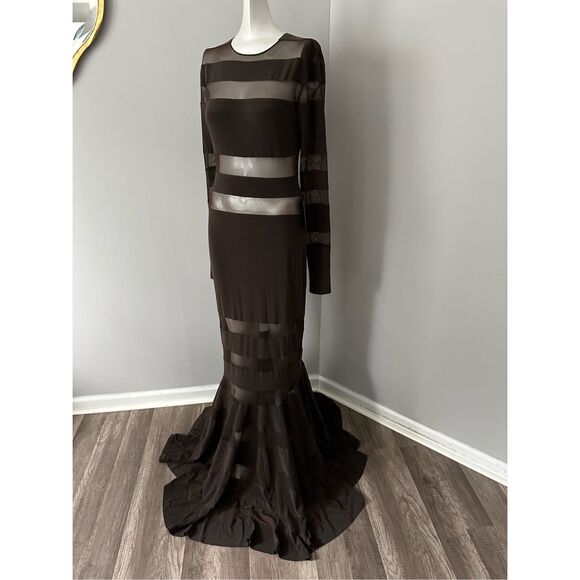 Norma Kamali | Dresses | Nwt Norma Kamali Long Sleeve Spliced Meshstriped Fishtail Gown ...